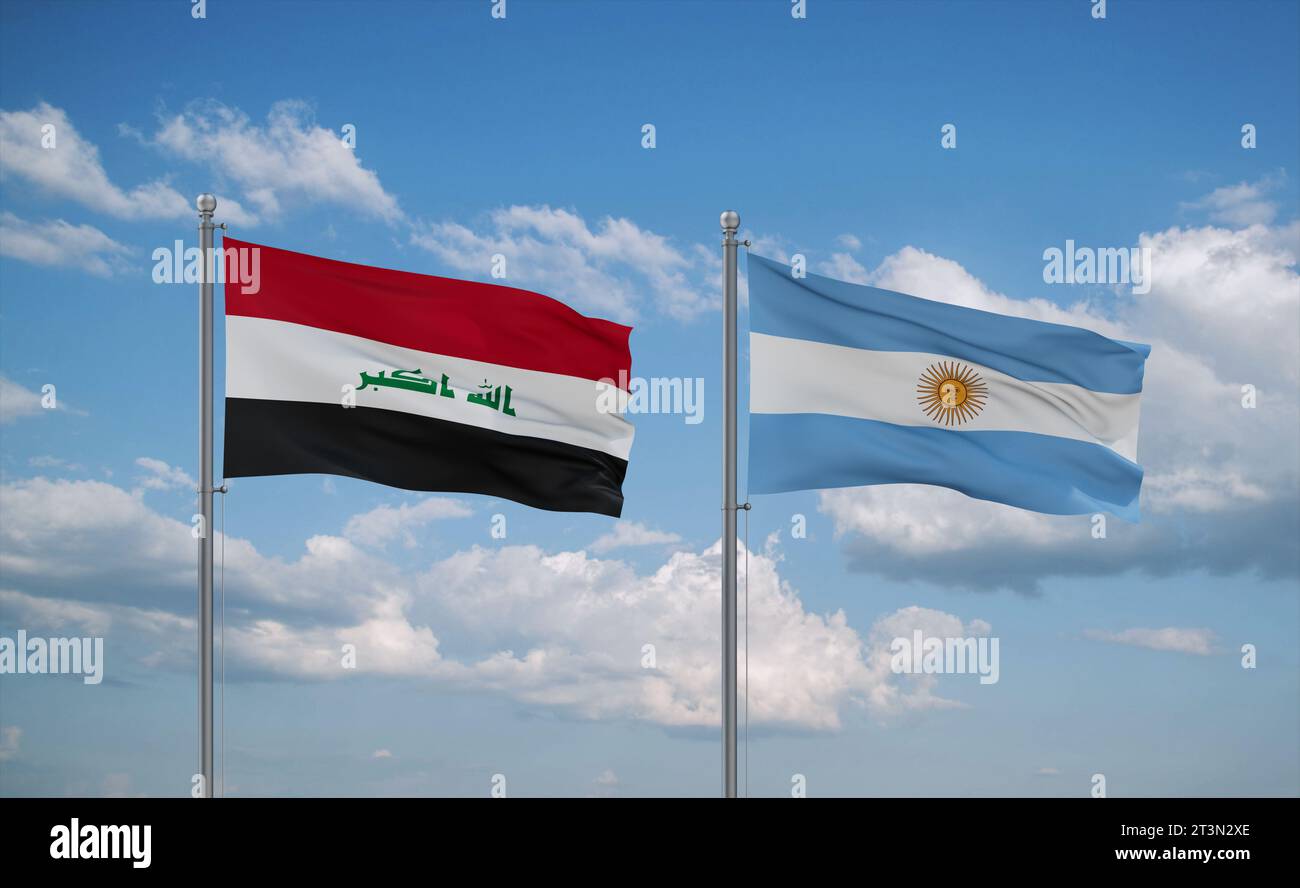 Argentina and Iraq flags waving together on blue cloudy sky, two country relationship concept ...