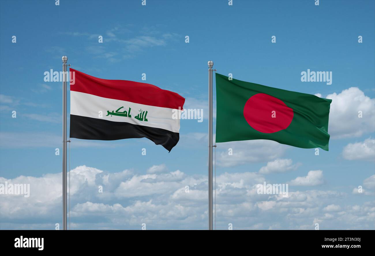 Bangladesh and Iraq flags waving together on blue cloudy sky, two ...