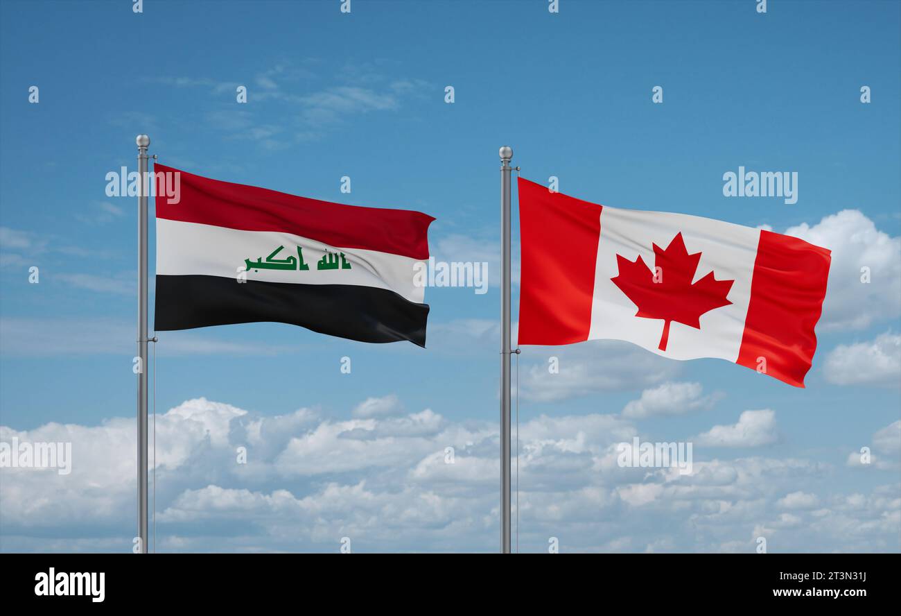 Canada and Iraq flags waving together in the wind on blue cloudy sky ...