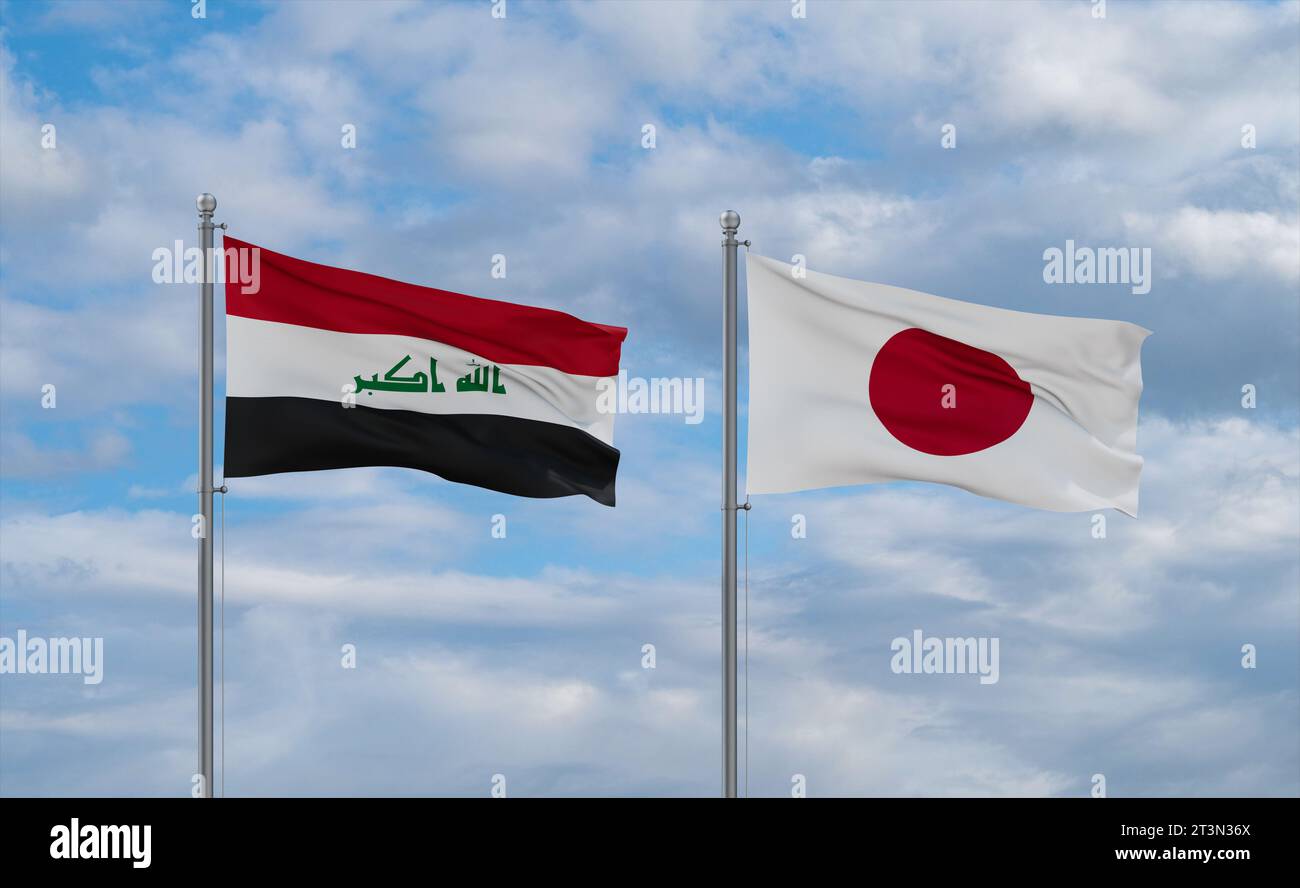 Japan and Iraq flags waving together on blue cloudy sky, two country ...