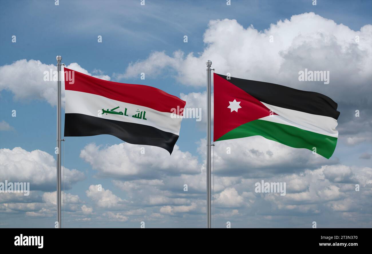 Jordan and Iraq flags waving together in the wind on blue cloudy sky ...