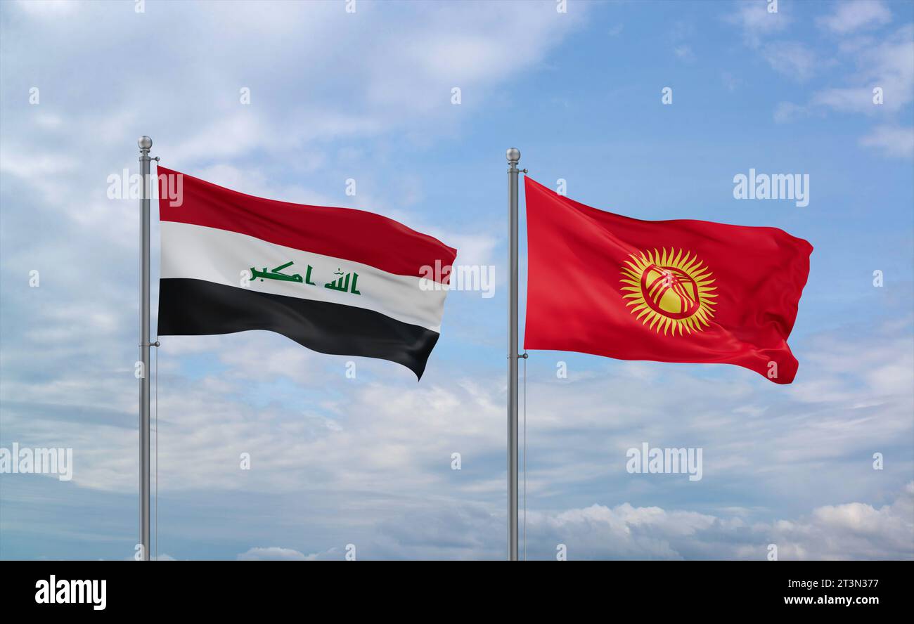 Kyrgyzstan and Iraq flags waving together on blue cloudy sky, two ...