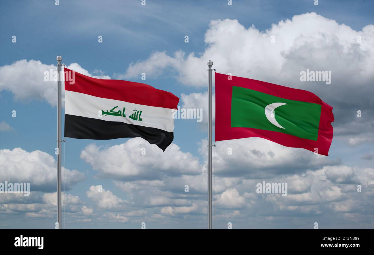 Maldives and Iraq flags waving together on blue cloudy sky, two country relationship concept ...