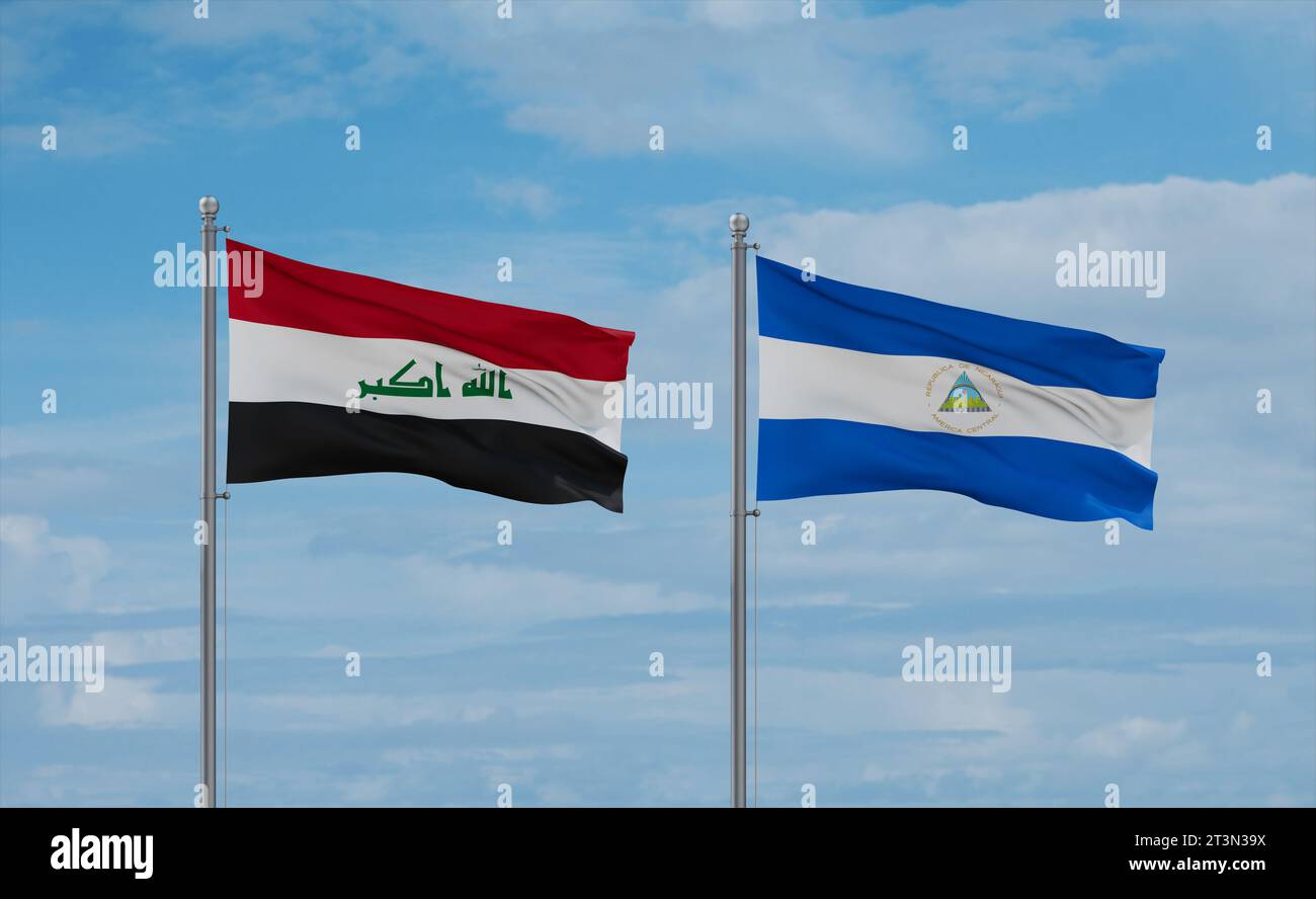 Nicaragua and Iraq flags waving together on blue cloudy sky, two ...