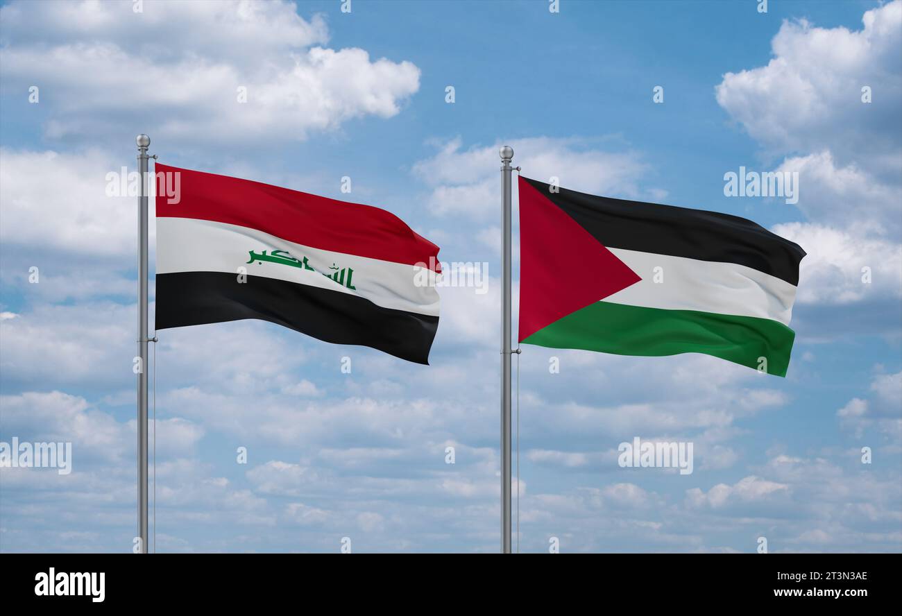 Palestine and Gaza Strip and Iraq flags waving together on blue cloudy ...