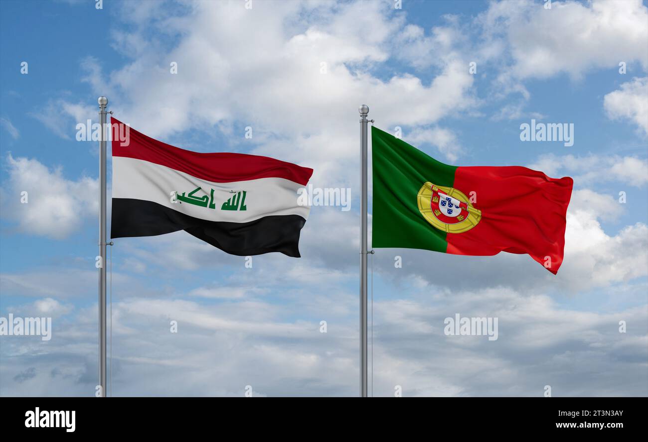 Portugal and Iraq flags waving together in the wind on blue cloudy sky ...