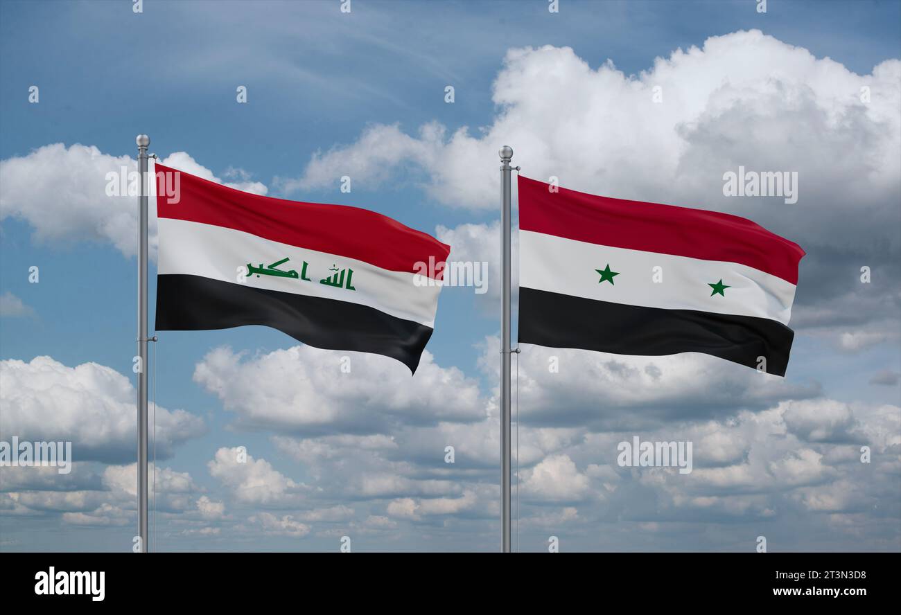 Syrian Arab Republic, Syria and Iraq flags waving together in the wind ...