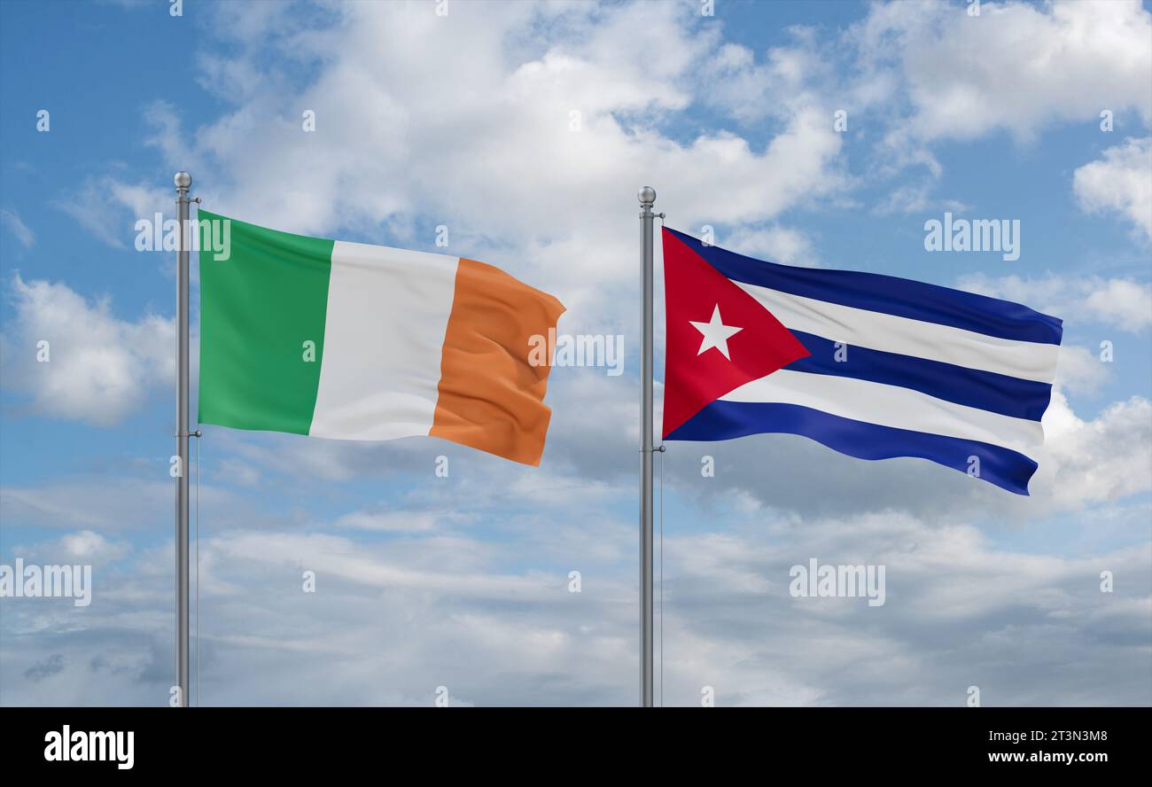 Cuba and Ireland flags waving together in the wind on blue cloudy sky ...