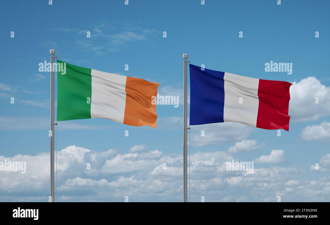 Ireland and France flags waving together on blue cloudy sky, two ...