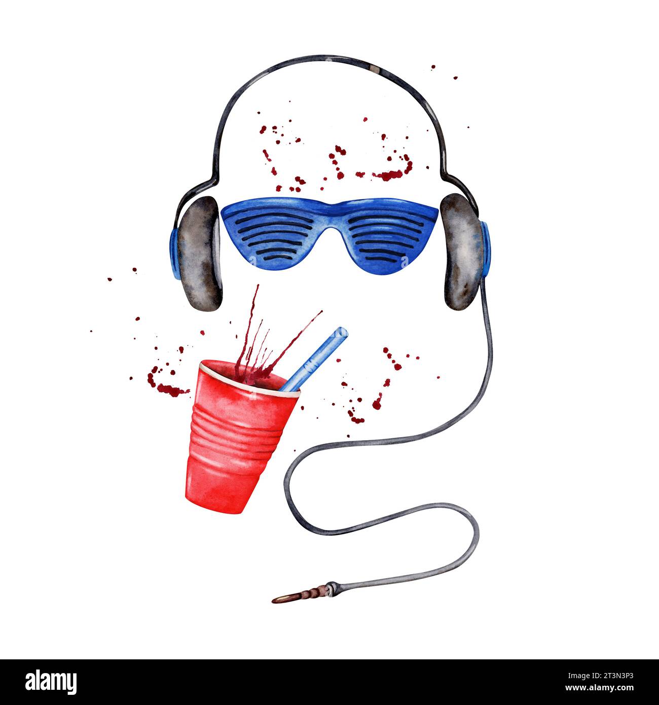 Composition with headphones, blue funky plastic sunglasses, red ...