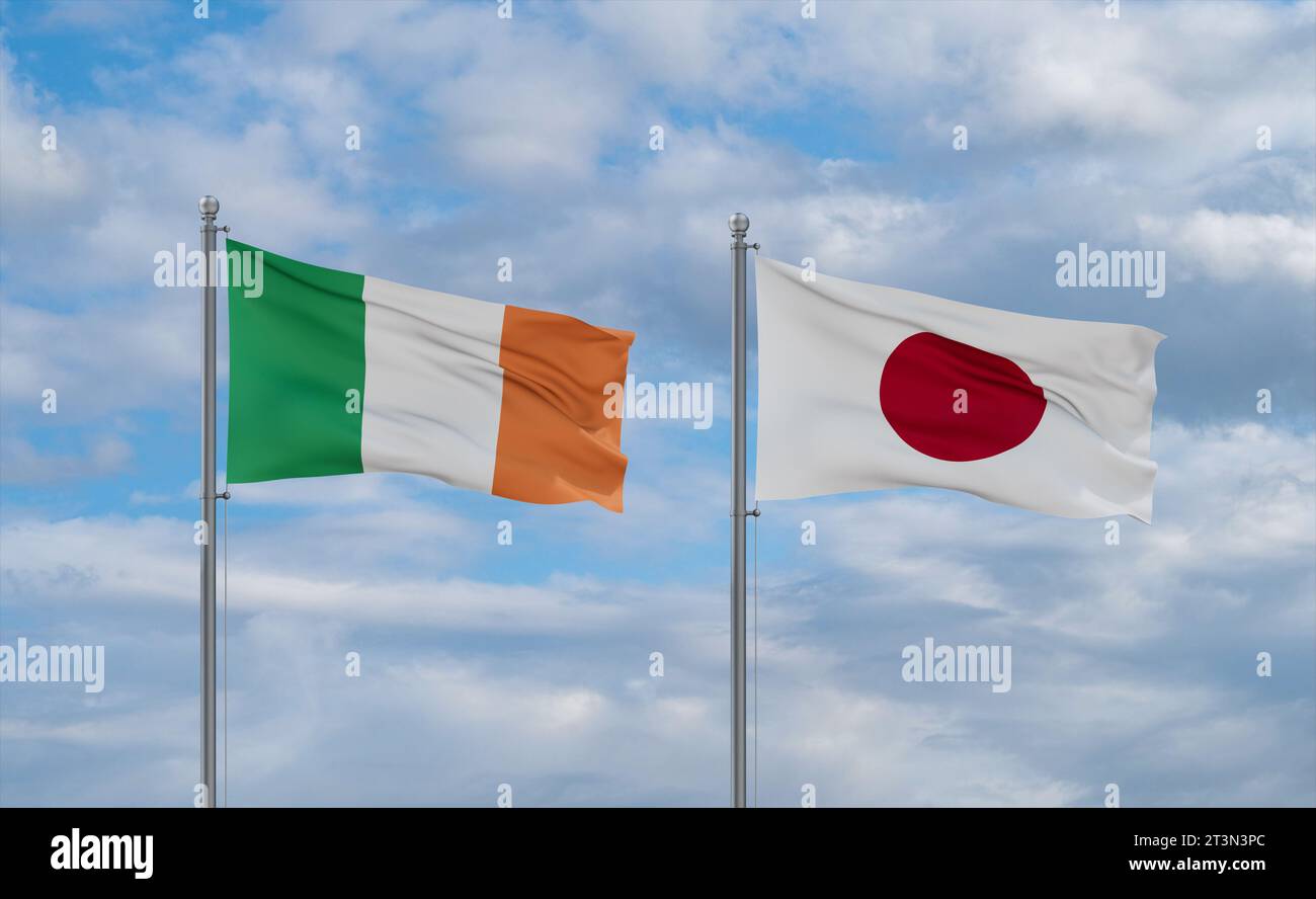 Japan and Ireland flags waving together on blue cloudy sky, two country ...