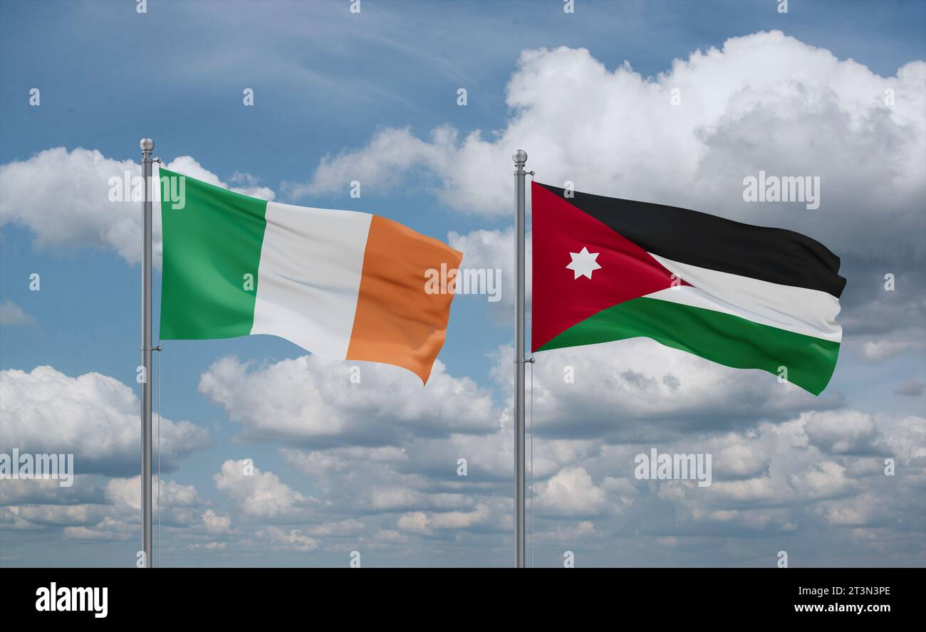 Jordan and Ireland flags waving together in the wind on blue cloudy sky ...
