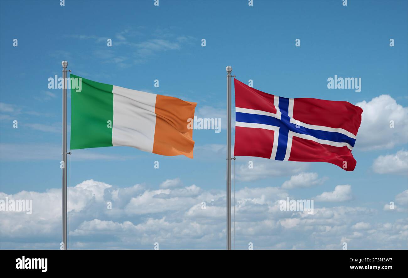 Norway and Ireland flags waving together on blue cloudy sky, two country relationship concept ...