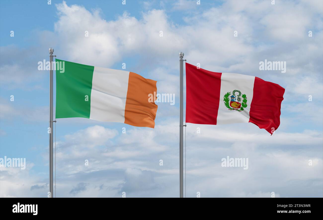 Peru and Ireland flags waving together in the wind on blue cloudy sky, two country relationship ...