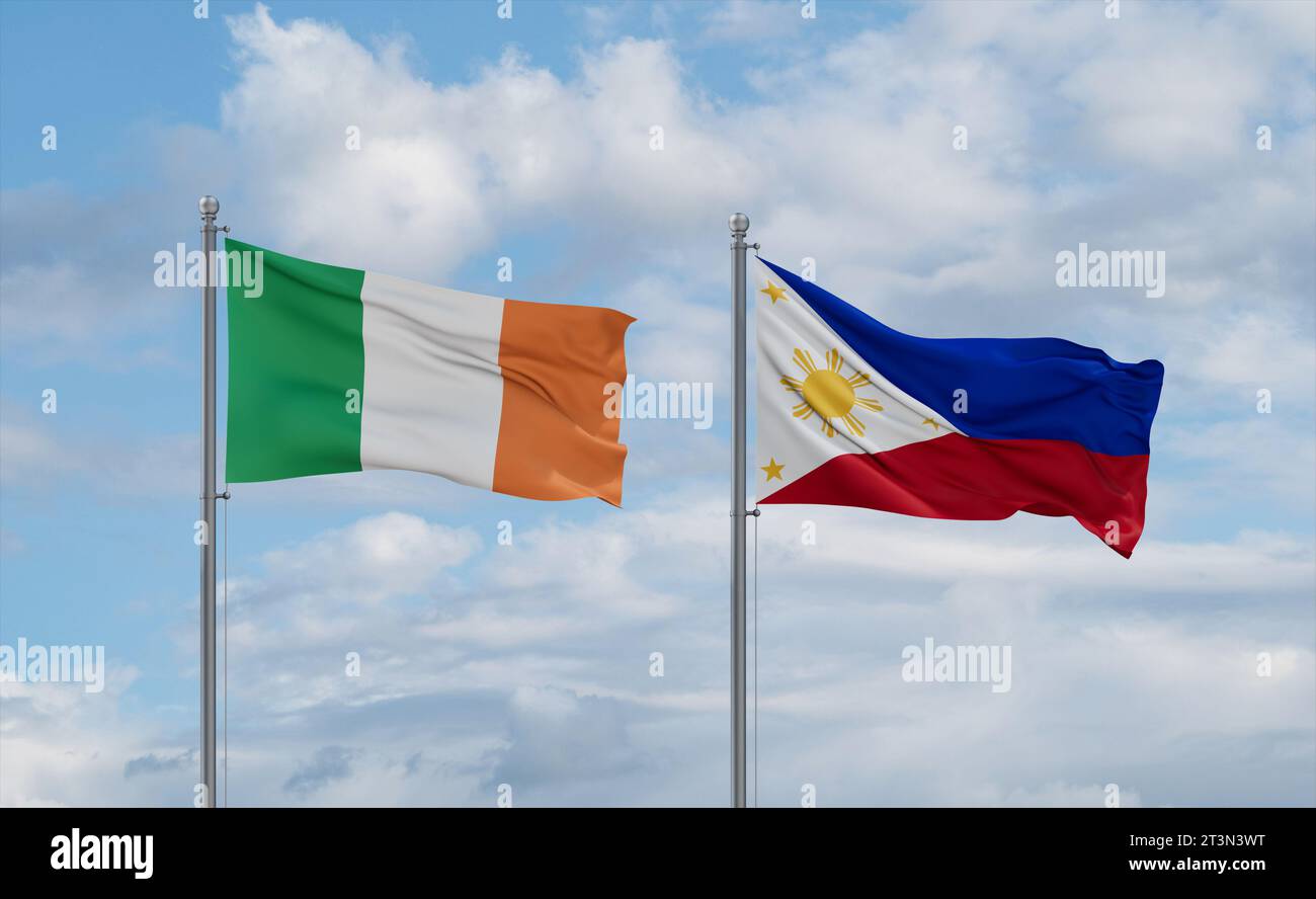 Philippines and Ireland flags waving together in the wind on blue cloudy sky, two country ...