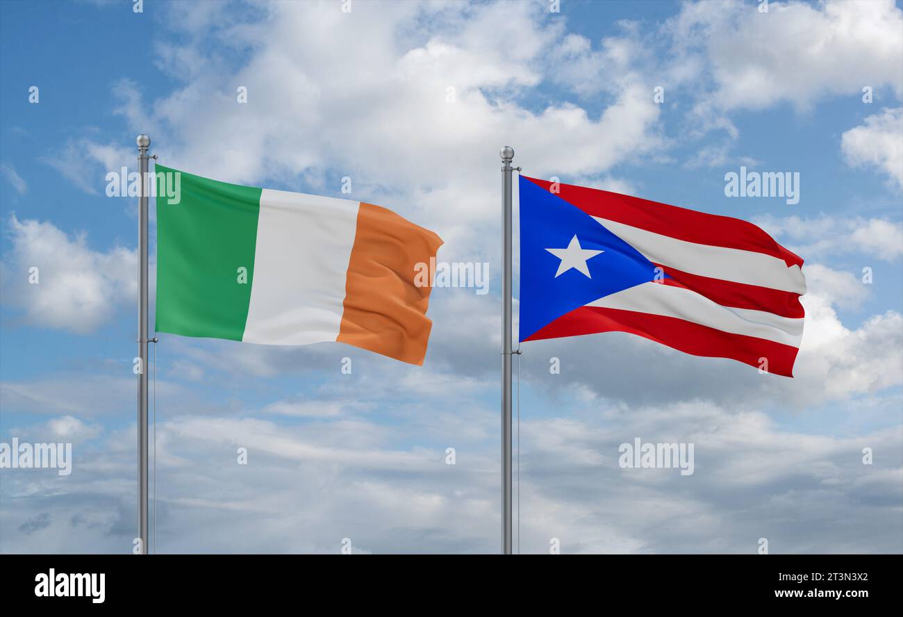 Puerto Rico and Ireland flags waving together in the wind on blue ...