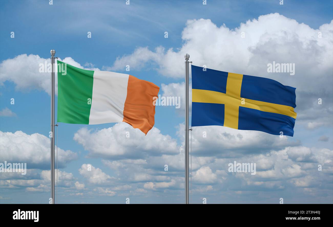 Sweden and Ireland flags waving together in the wind on blue cloudy sky ...