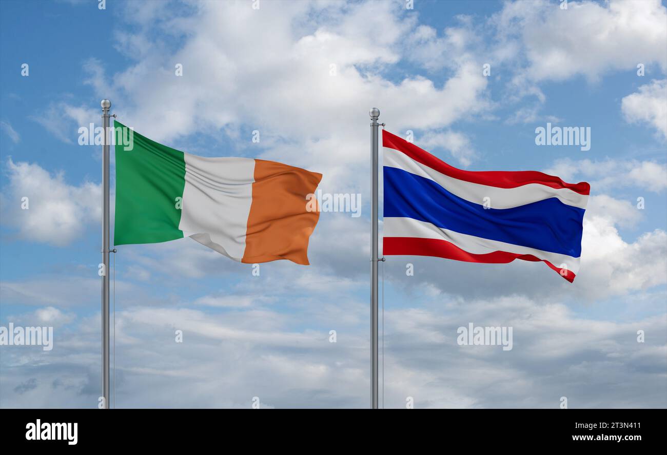Kingdom of Thailand and Ireland flags waving together in the wind on ...