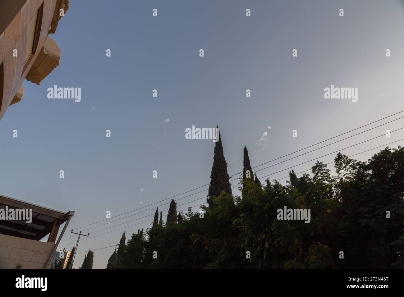 Tel Aviv, Israel - October 24, 2023 - Smoke clouds of intercepted Hamas missiles by the iron ...