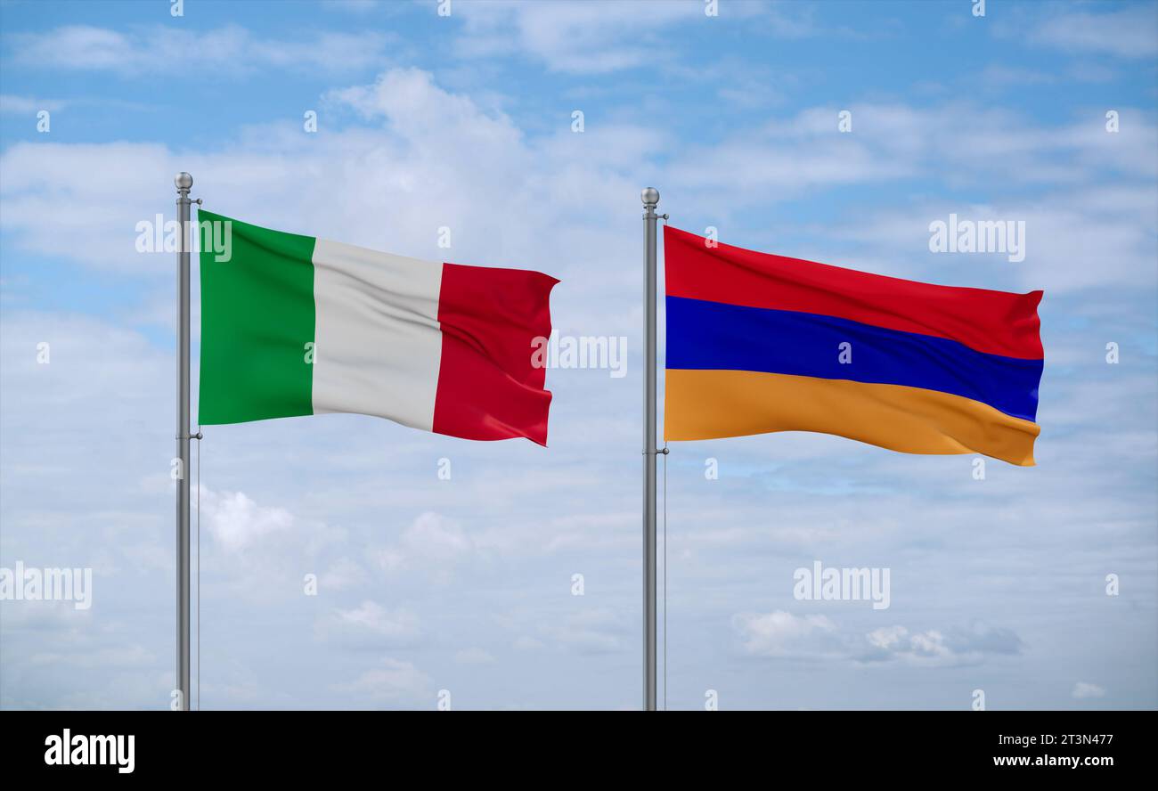 Armenia and Italy flags waving together in the wind on blue cloudy sky ...