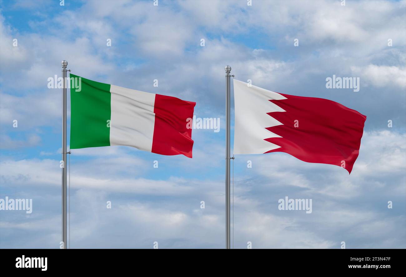 Bahrain and Italy flags waving together on blue cloudy sky, two country ...