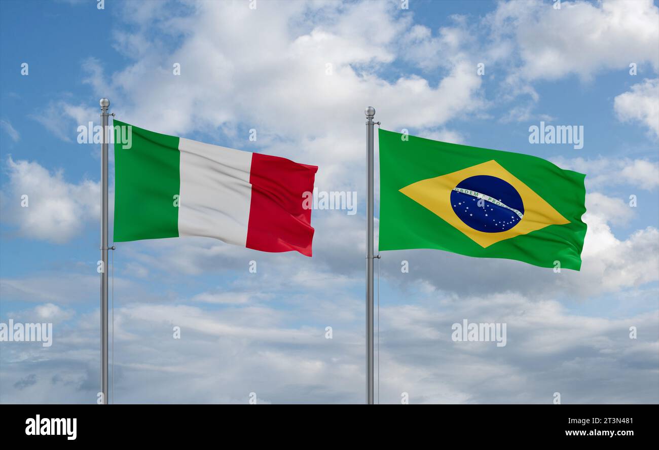 Brazil and Italy flags waving together on blue cloudy sky, two country ...
