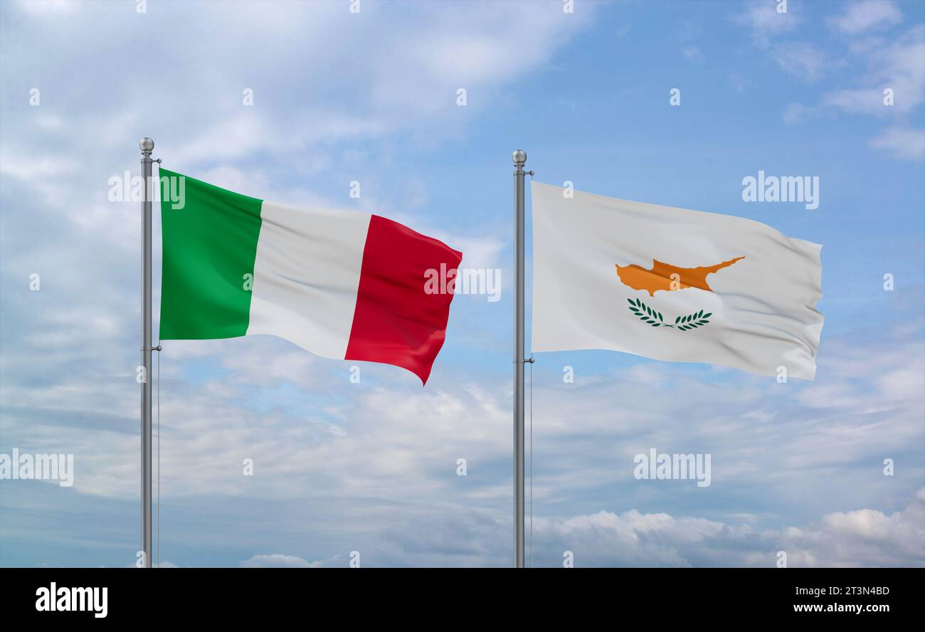 Cyprus and Italy flags waving together on blue cloudy sky, two country ...