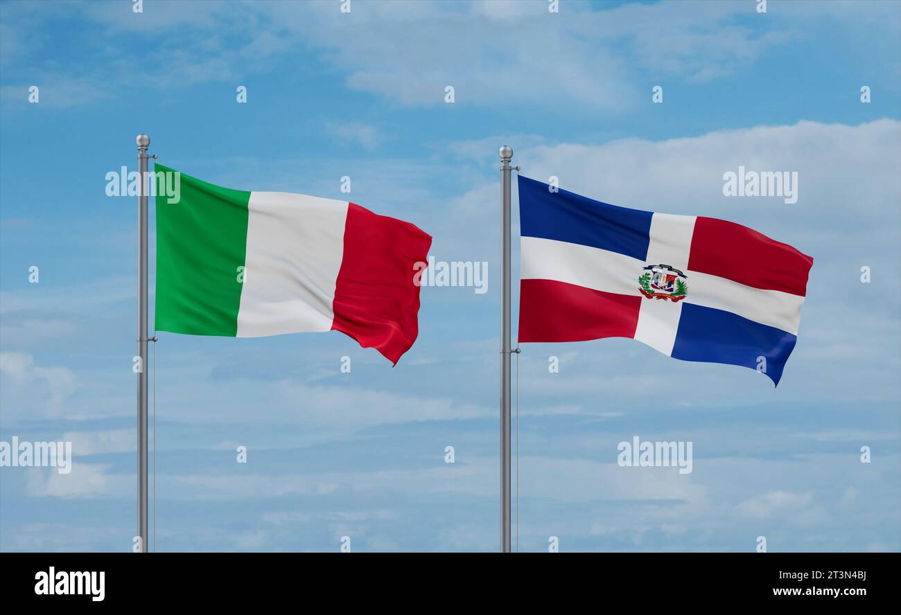 Dominican Republic and Italy flags waving together on blue cloudy sky ...
