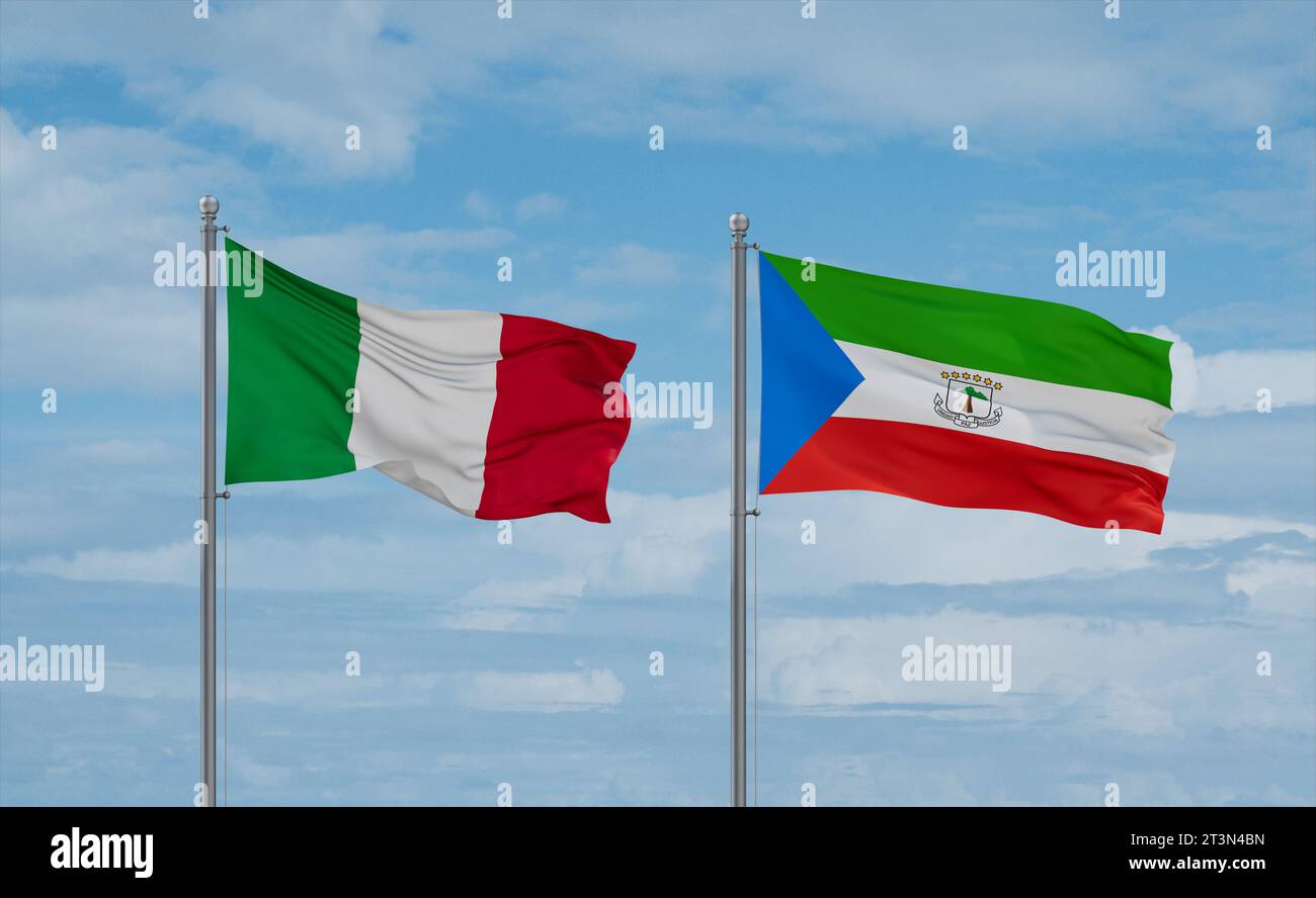 Equatorial Guinea and Italy flags waving together on blue cloudy sky ...