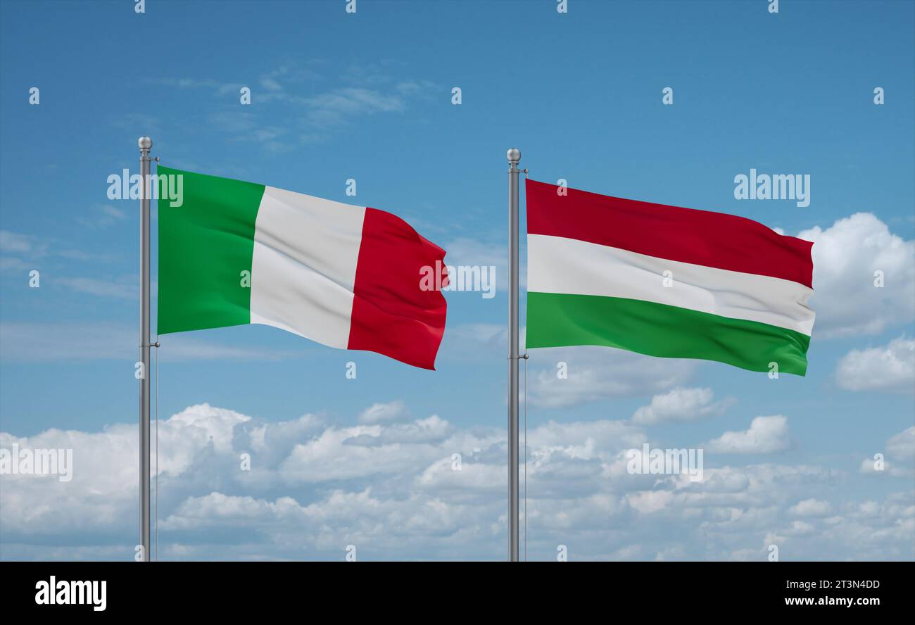 Hungary and Italy flags waving together on blue cloudy sky, two country ...