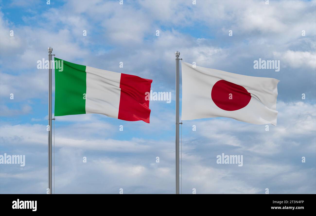 Japan and Italy flags waving together on blue cloudy sky, two country ...