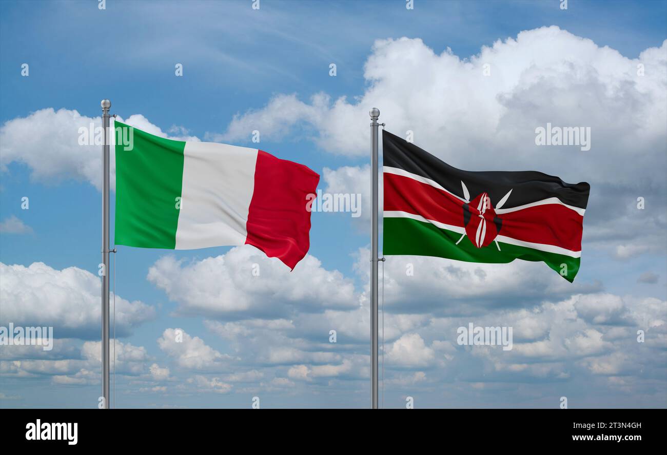Kenya and Italy flags waving together on blue cloudy sky, two country ...
