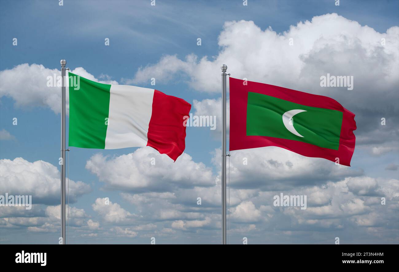 Maldives and Italy flags waving together on blue cloudy sky, two ...