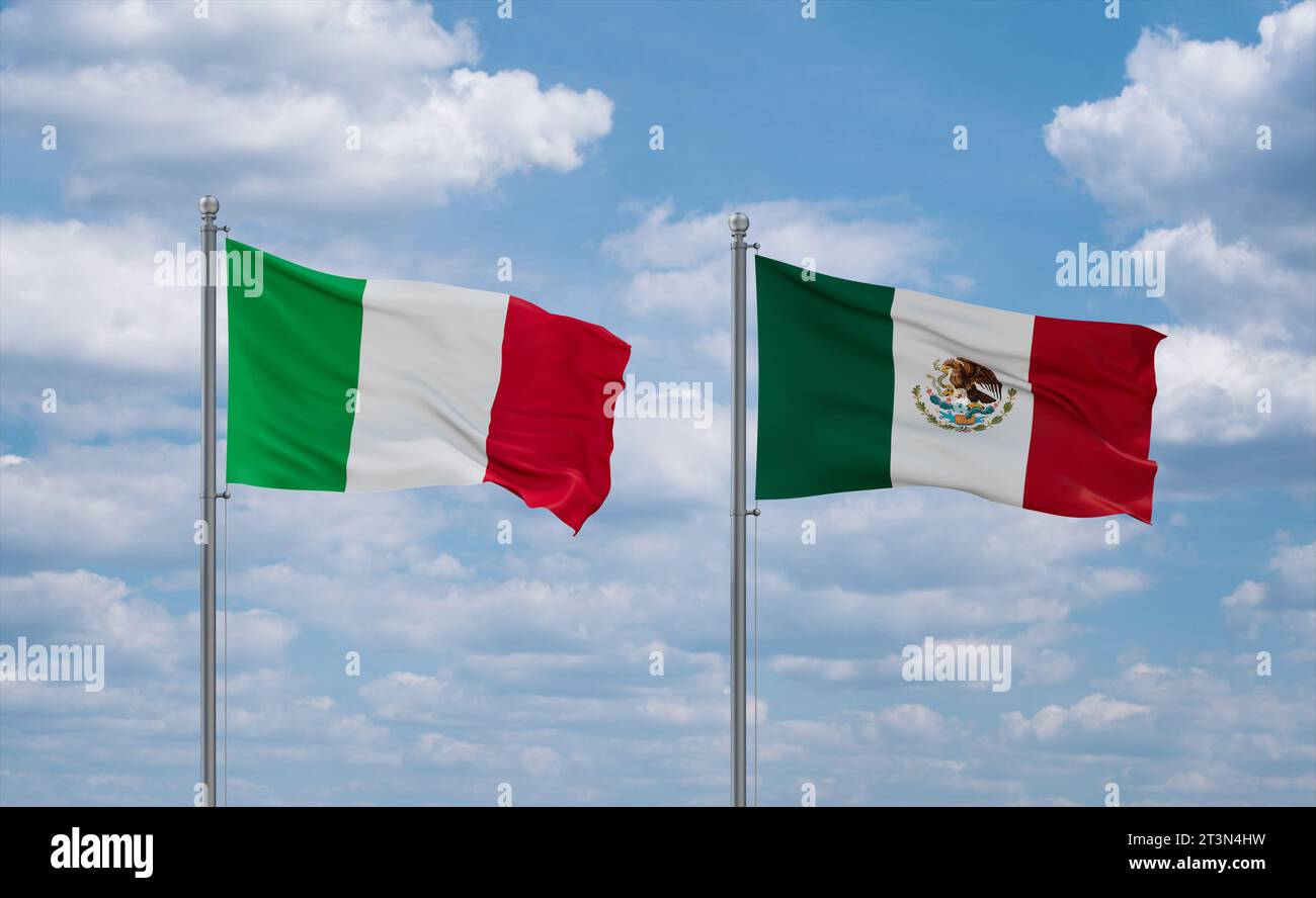 Mexico and Italy flags waving together on blue cloudy sky, two country ...