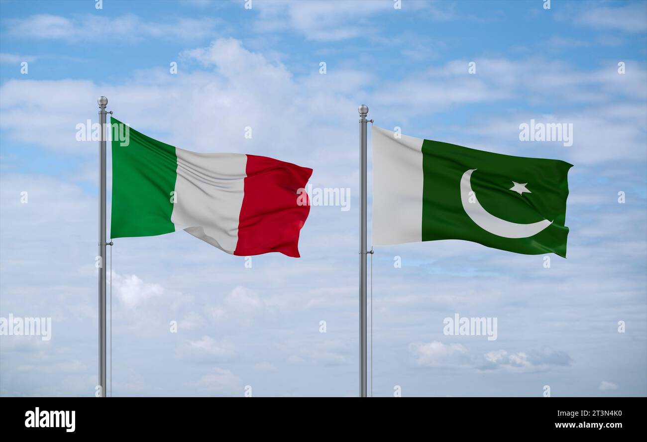 Pakistan and Italy flags waving together on blue cloudy sky, two ...