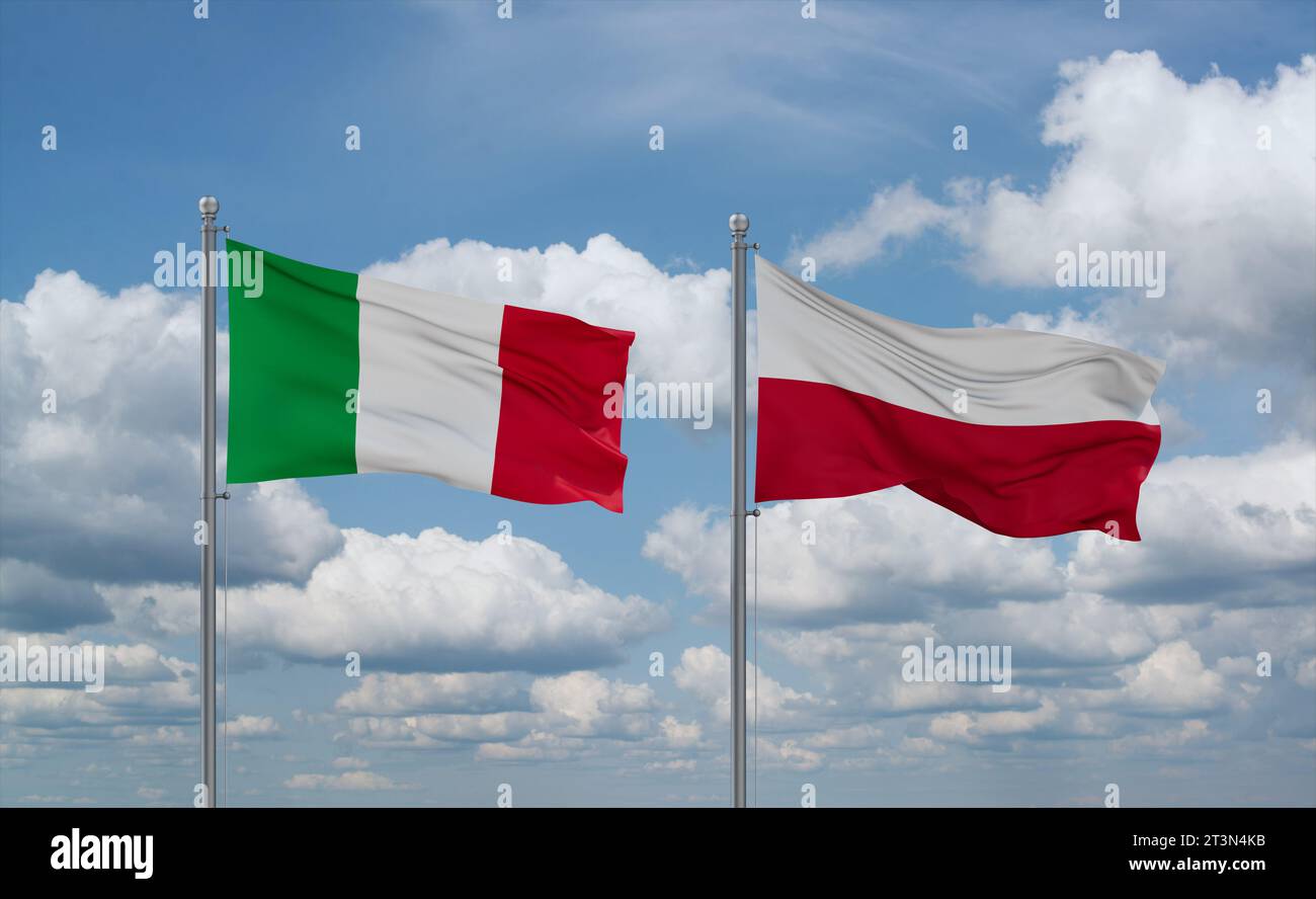 Poland and Italy flags waving together in the wind on blue cloudy sky ...
