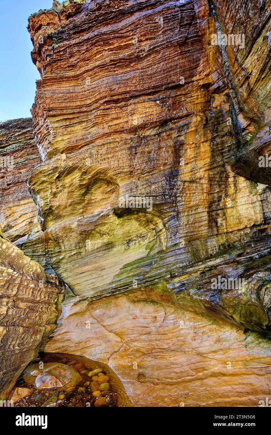 Hopeman Moray Coast Scotland a cliff of coloured sandstone rock covered ...