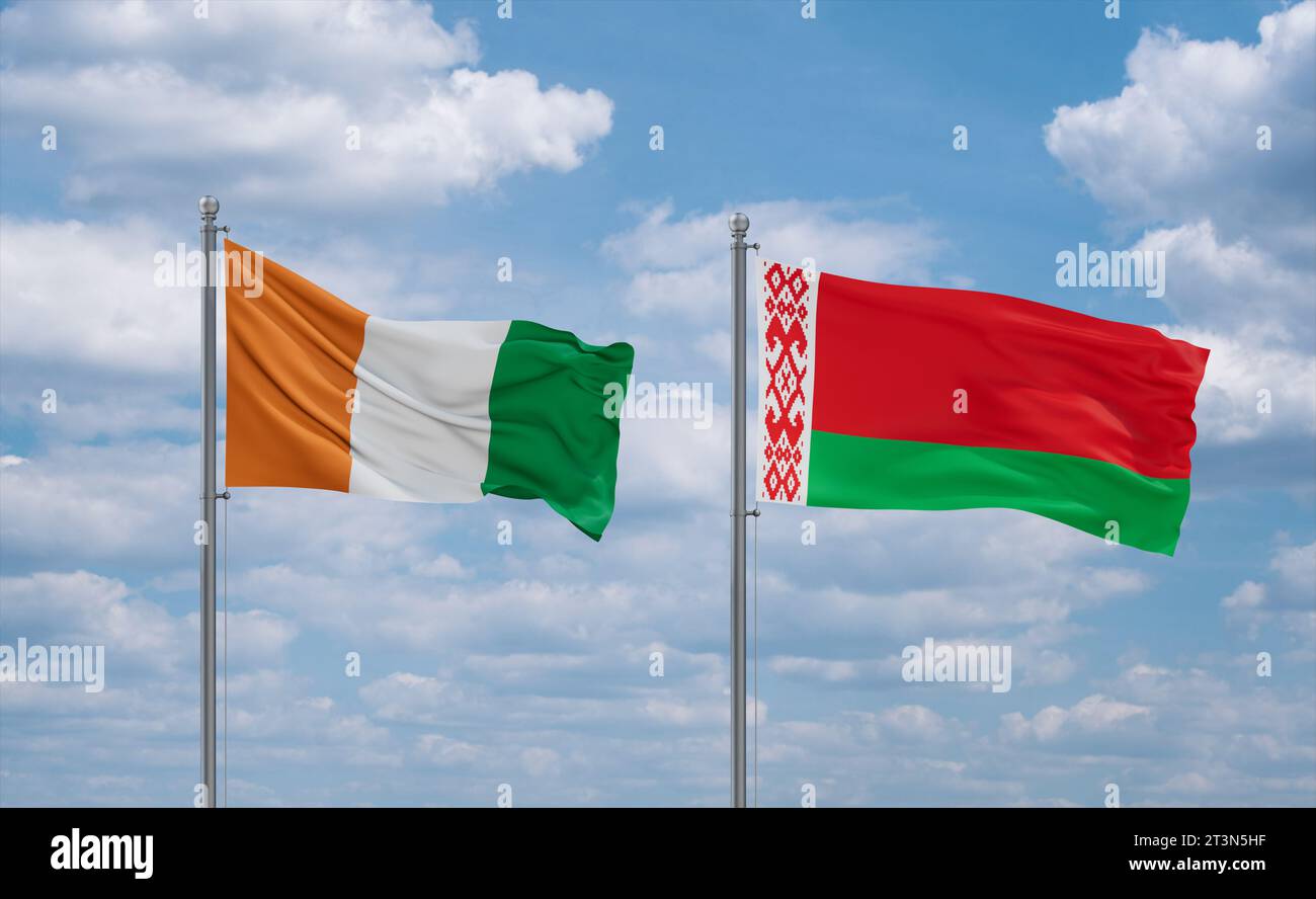 Belarus and Ivory Coast flags waving together in the wind on blue ...
