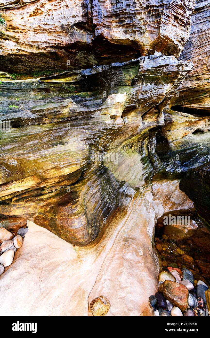Hopeman Moray Coast Scotland layers of multi coloured sandstone rocks ...