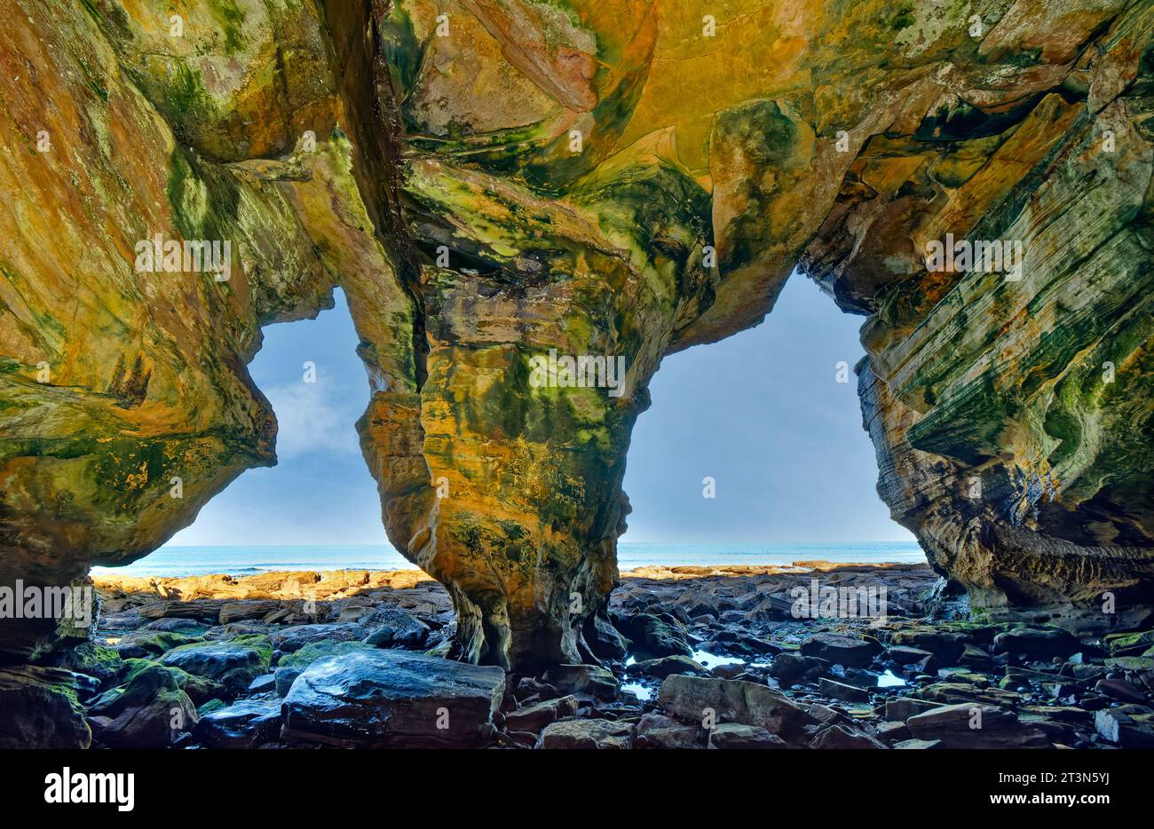 Hopeman Moray Coast Scotland looking out to sea from dual entrances to ...