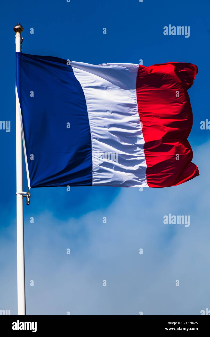French tricolor flag fluttering with strong wind and blue sky Stock ...