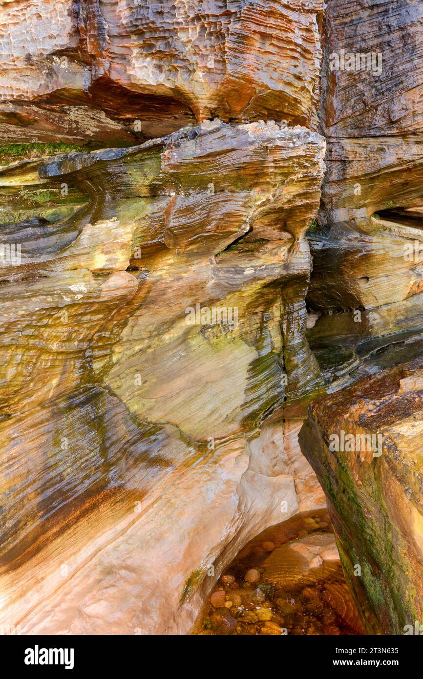 Hopeman Moray Coast Scotland multi coloured sandstone rocks in a cliff ...