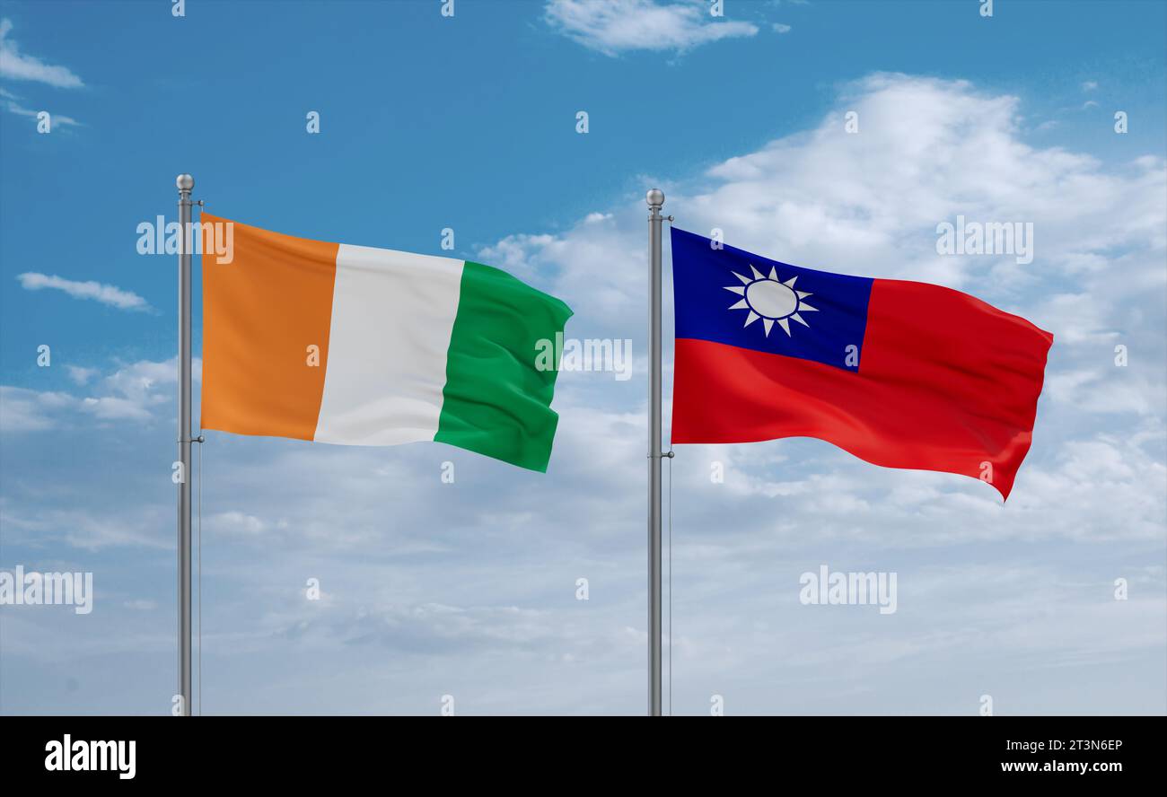 Taiwan and Ivory Coast flags waving together in the wind on blue cloudy ...