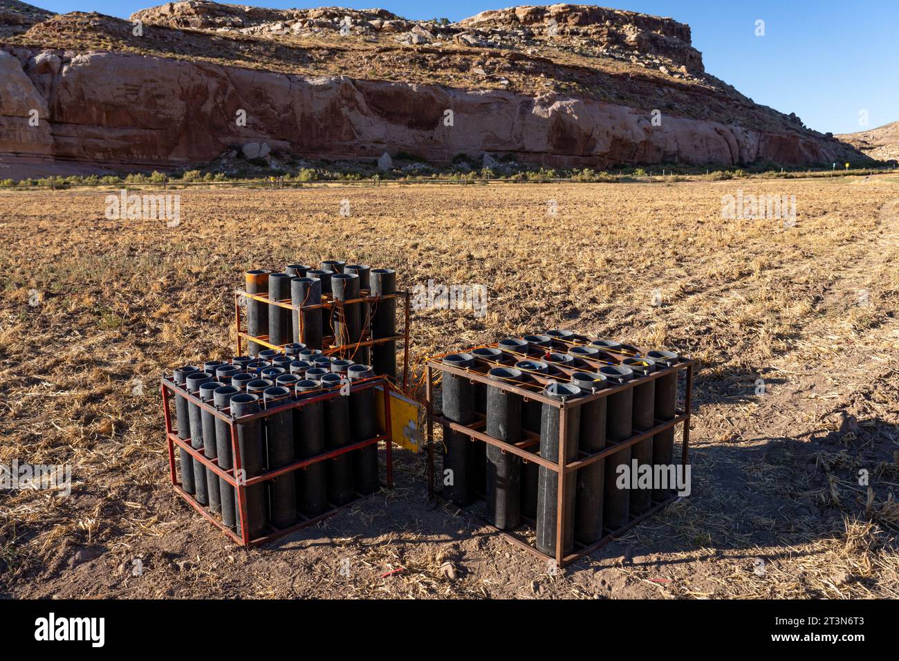 A battery of launchers for 4" & 6" pyrotechnic shells being prepared ...