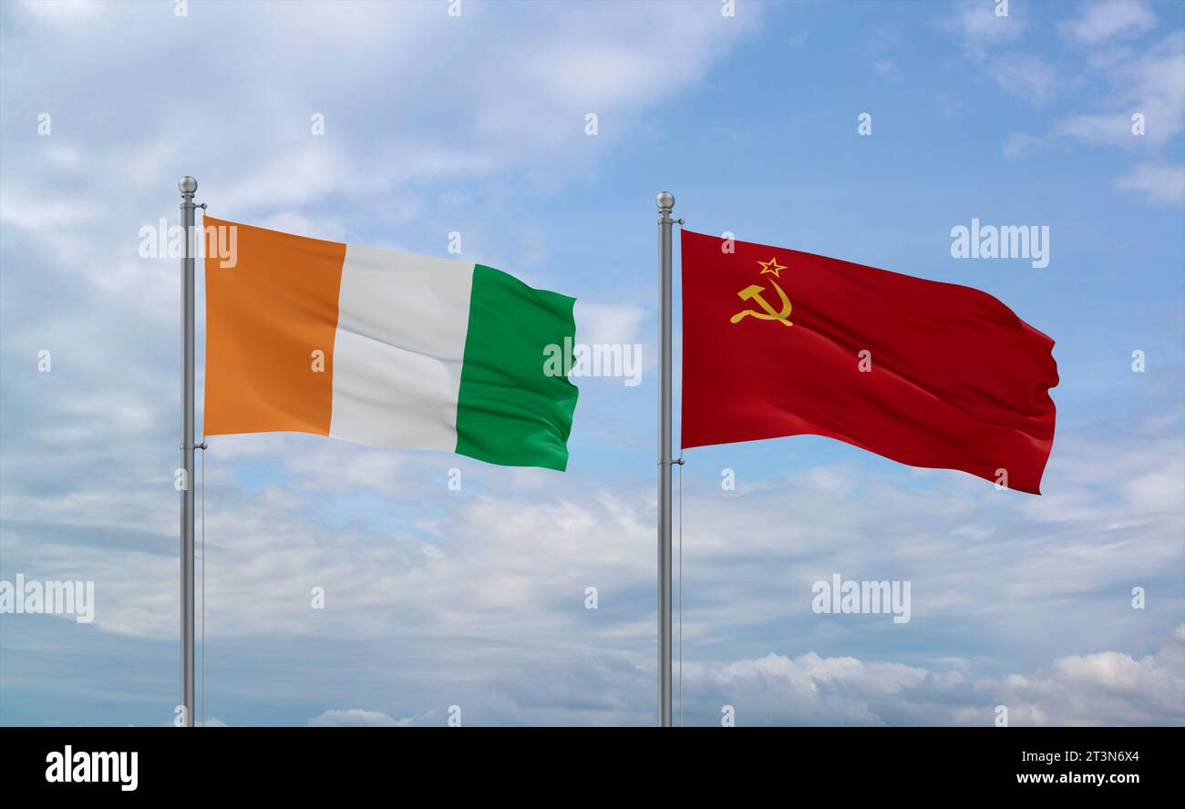Soviet Union or USSR and Ivory Coast flags waving together in the wind ...