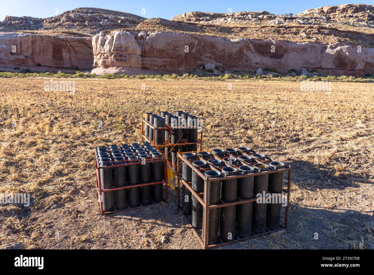 A battery of launchers for 4" & 6" pyrotechnic shells being prepared ...