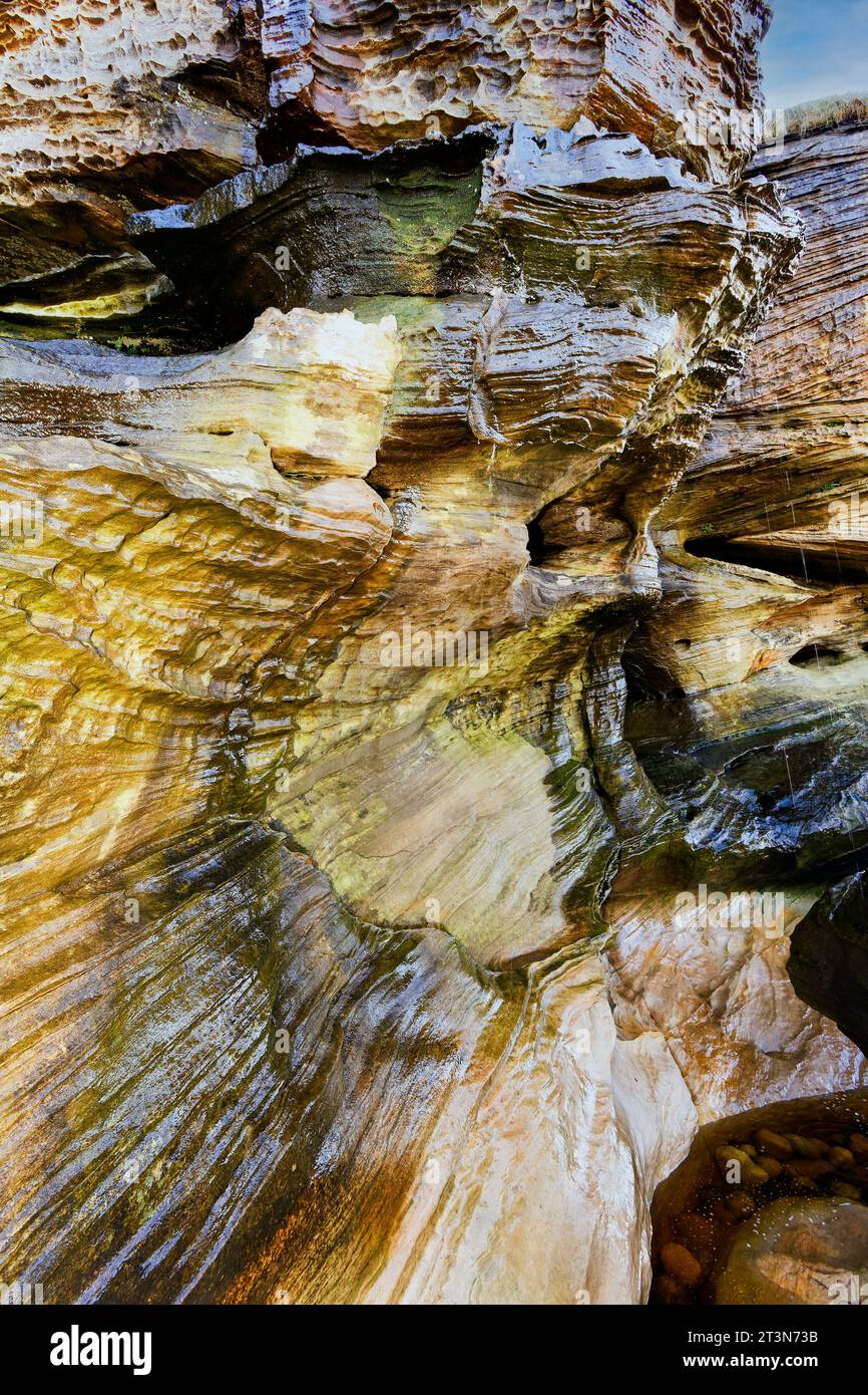 Hopeman Moray Coast Scotland wet multi coloured sandstone rocks in a ...