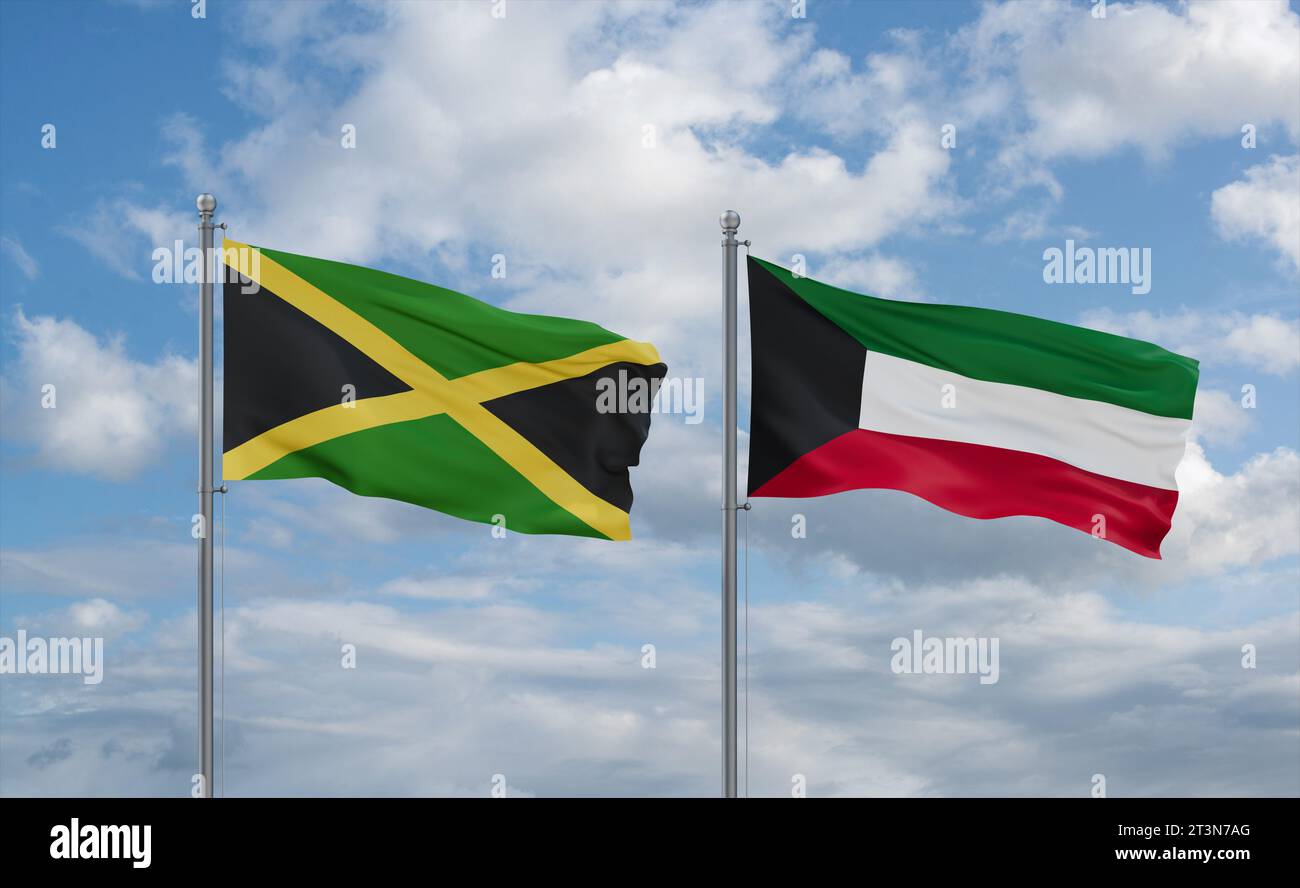 Kuwait and Jamaica flags waving together in the wind on blue cloudy sky ...
