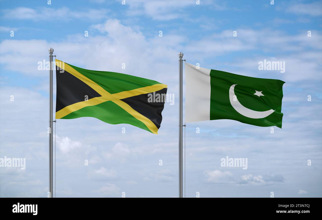 Pakistan and Jamaica flags waving together on blue cloudy sky, two ...