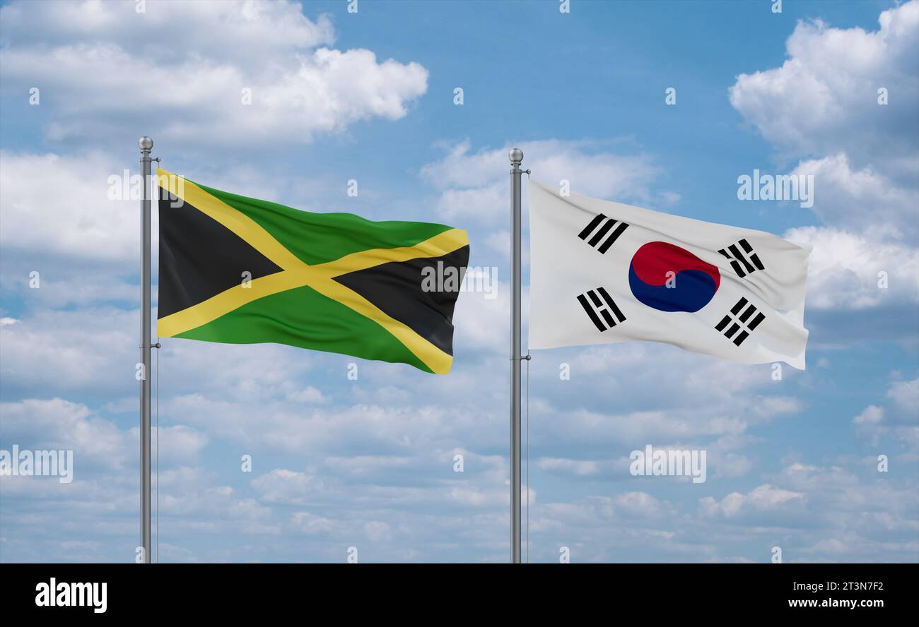 South Korea or Republic of Korea or ROK and Jamaica flags waving ...